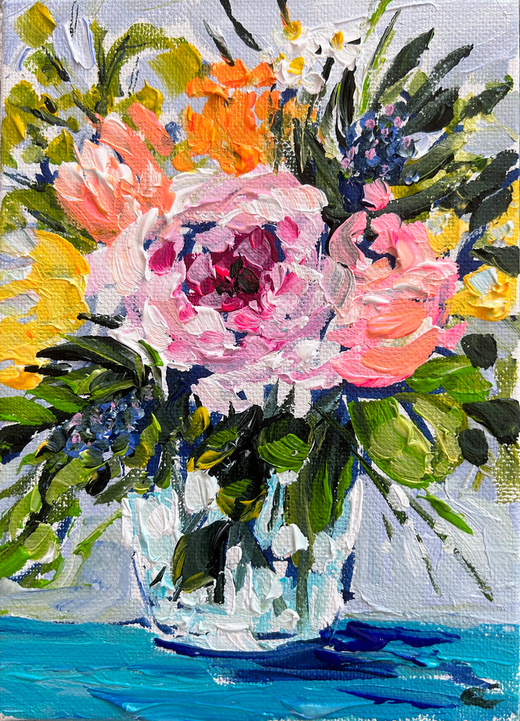 Mini Impressionist Floral Painting "Peony & Thistle" 5" x 7" | Maren ...