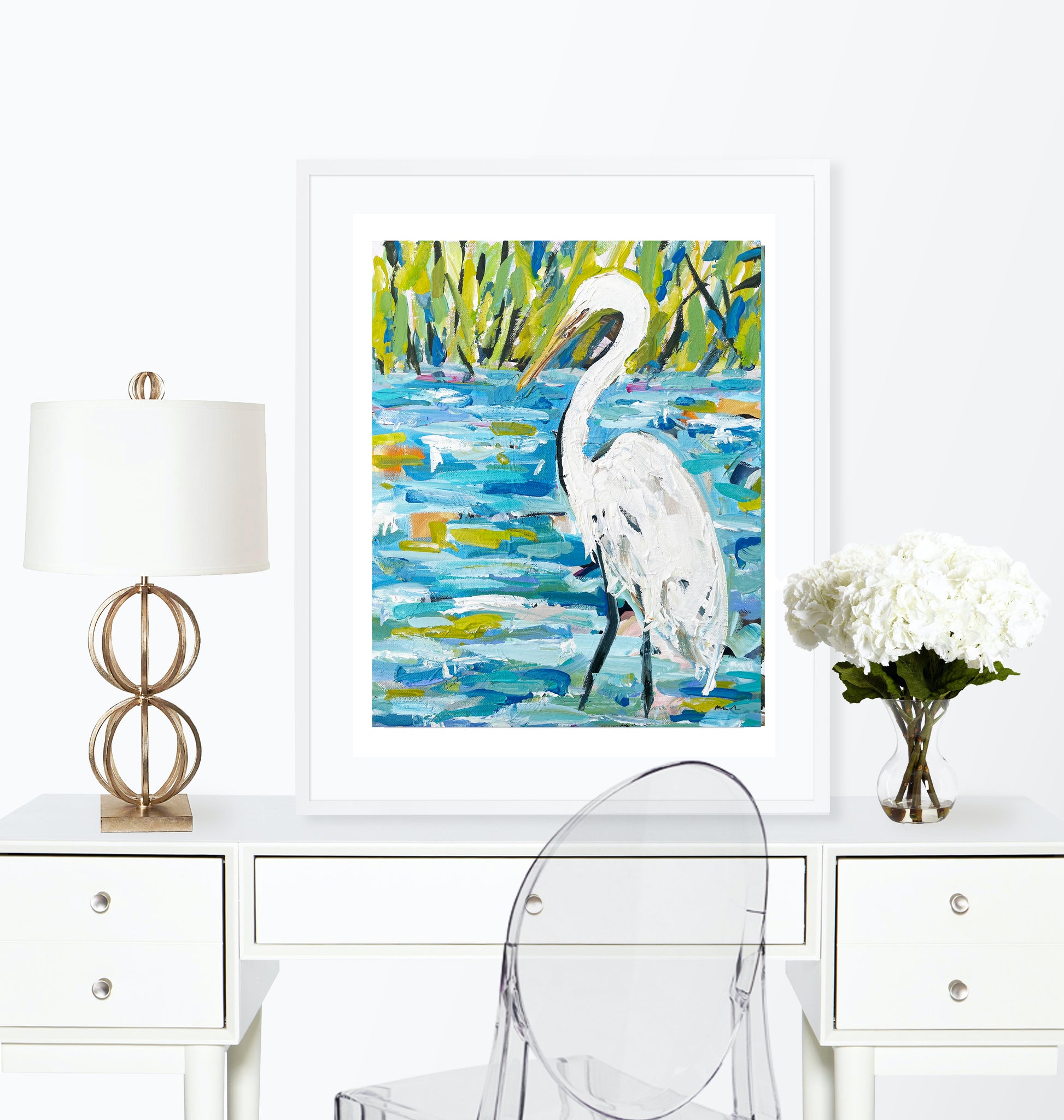 Egret Print on Paper or Canvas, "Abstract Egret" | Maren Devine Art, LLC