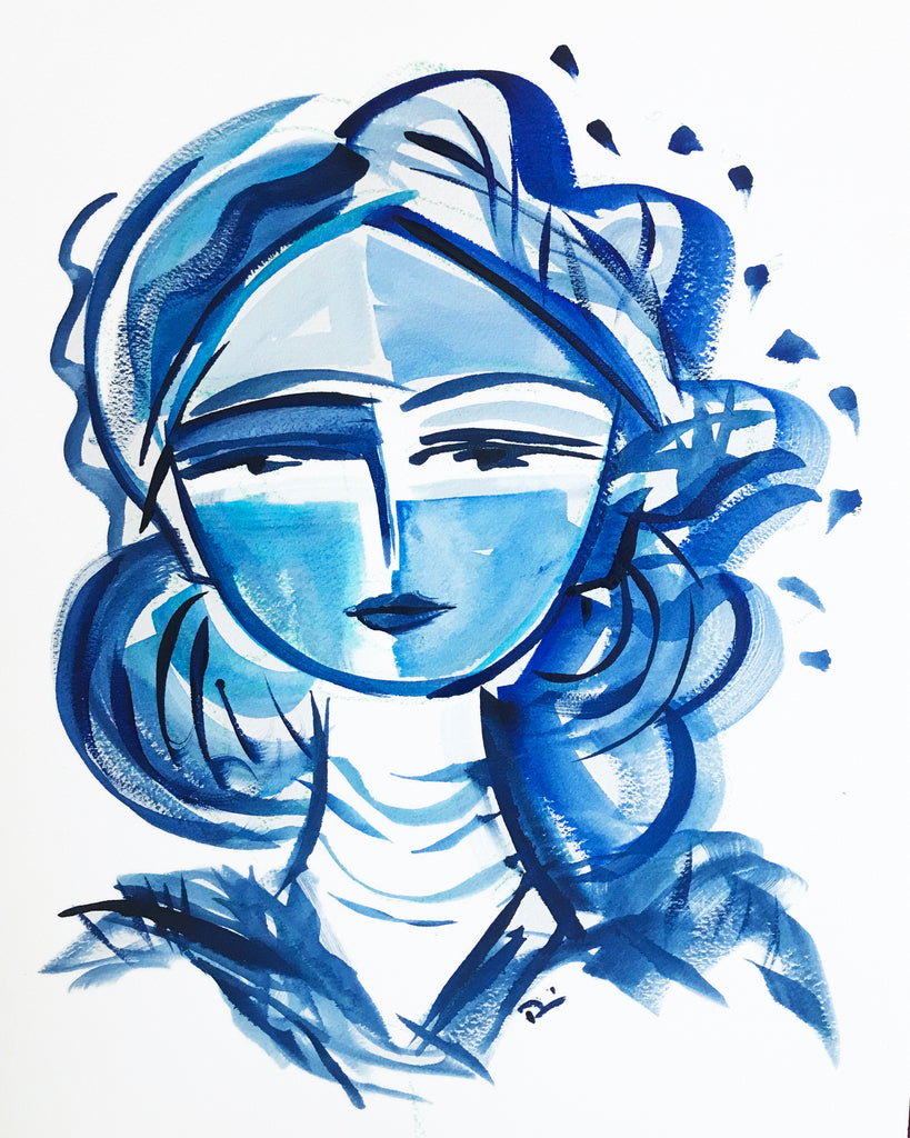Woman Portrait PRINT, Blue and White, Paper or Canvas, "Blugirl 22 ...