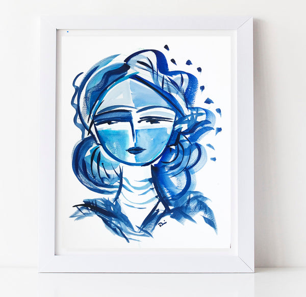 Woman Portrait PRINT, Blue and White, Paper or Canvas, "Blugirl 22 ...