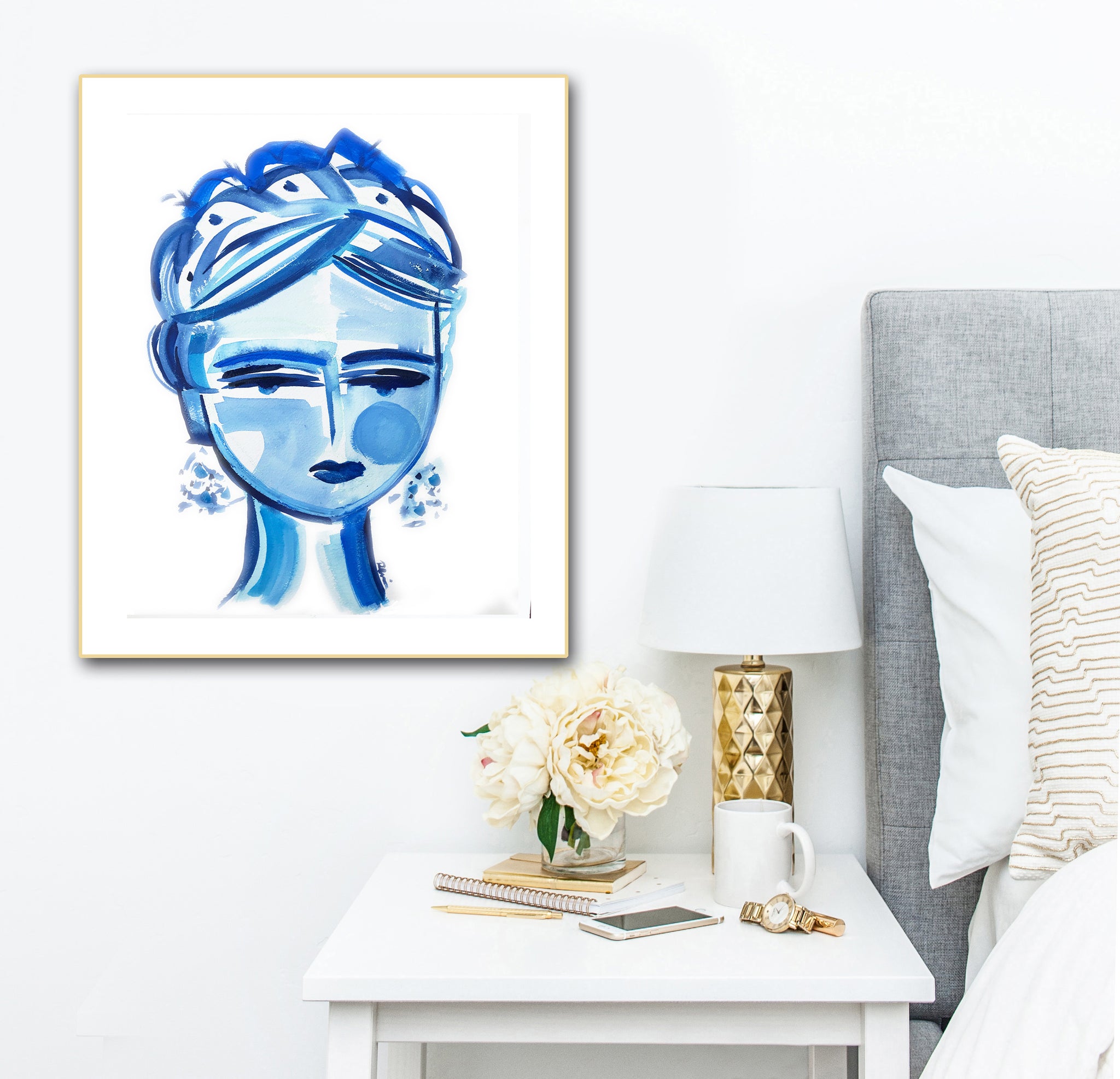 Woman Portrait PRINT, Blue and White, Paper or Canvas, "Blugirl 25 ...