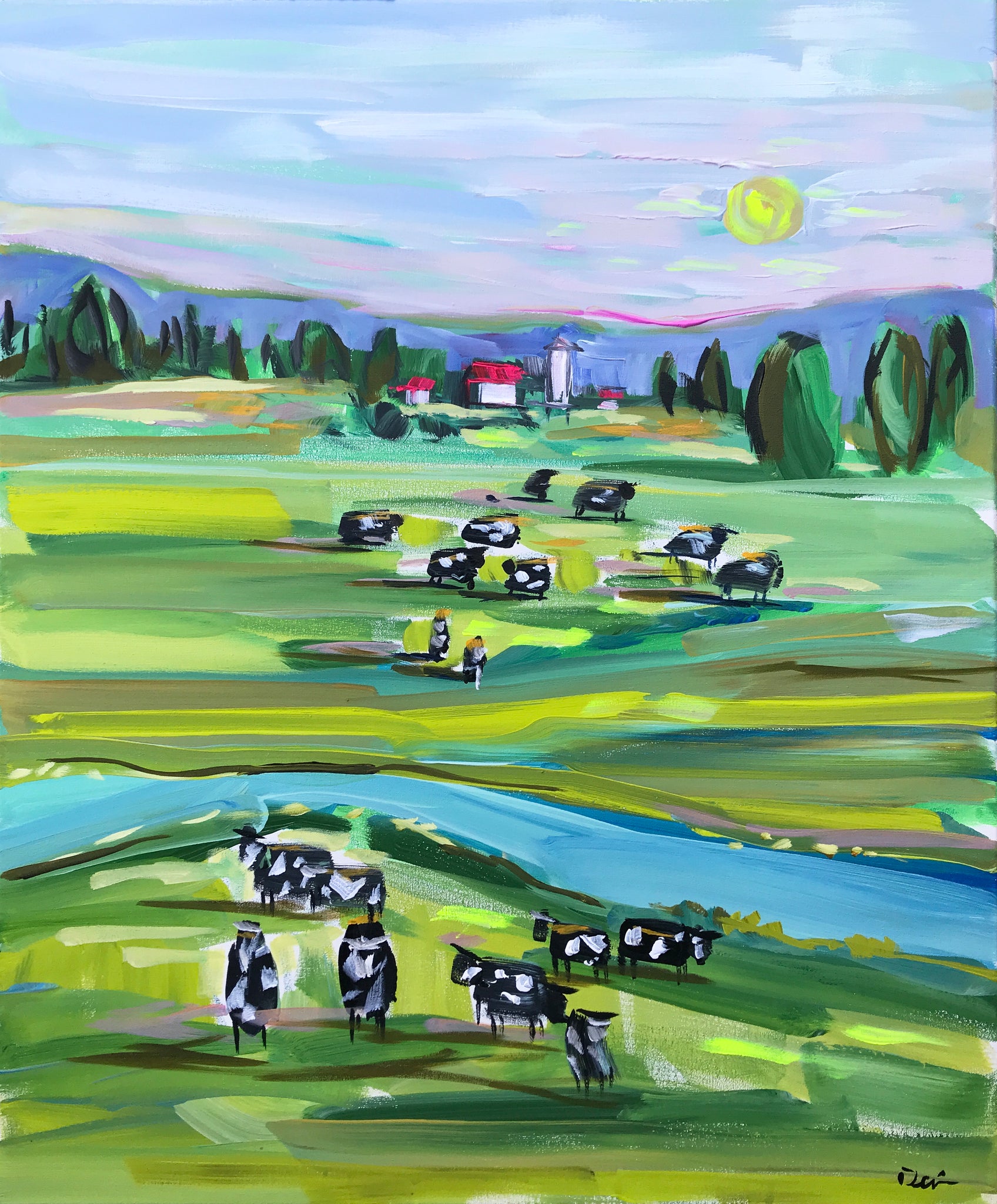 Abstract Farm Print on Paper or Canvas, "Cows at Sunset" | Maren Devine ...