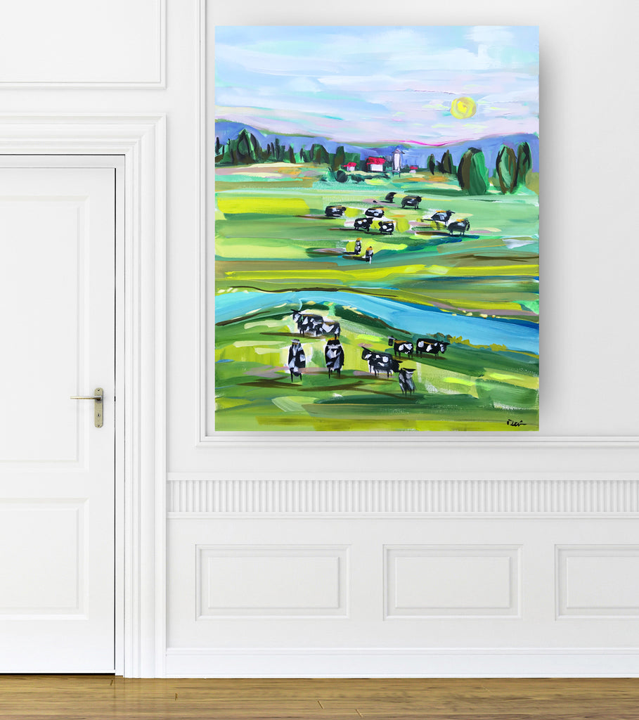 Abstract Farm Print on Paper or Canvas, "Cows at Sunset" | Maren Devine ...